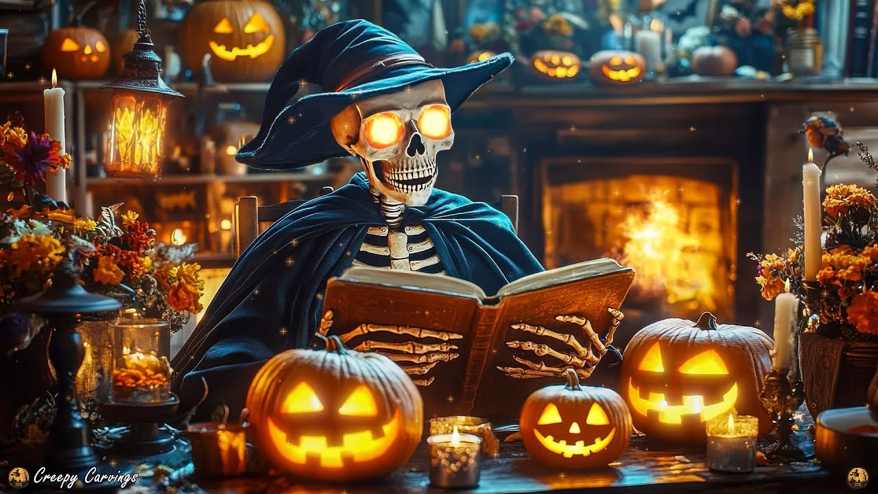 Skeleton's Spooky Reading Room 🎃 Spooky Halloween Night Atmosphere 👻 ...