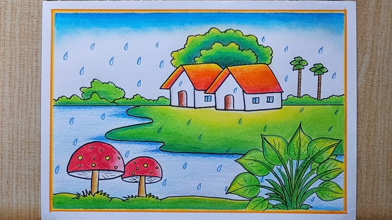 Rainy Day Scenery drawing easy| Rainy season Village scenery drawing ...