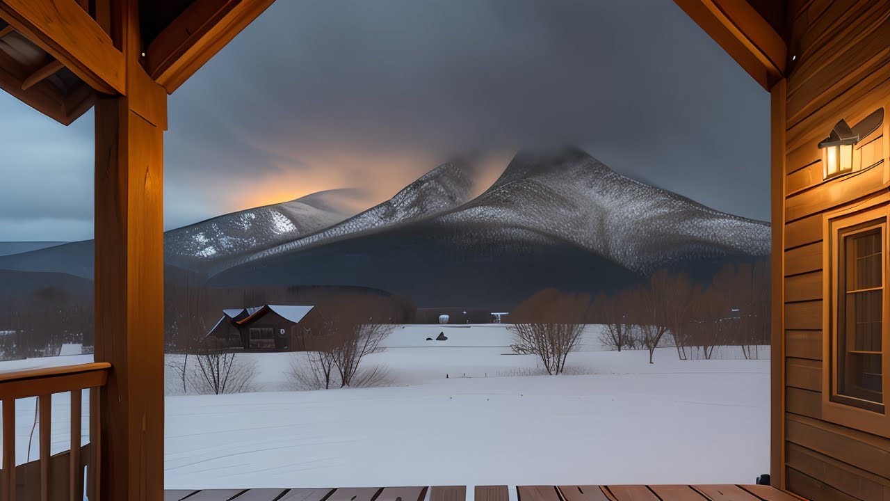 Snowy Night Serenade: A Cozy Porch View of Mountains in Winter's ...