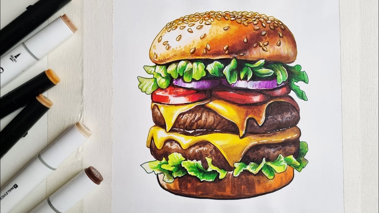 Process of drawing a yummy burger with markers. Step by step - YouTube
