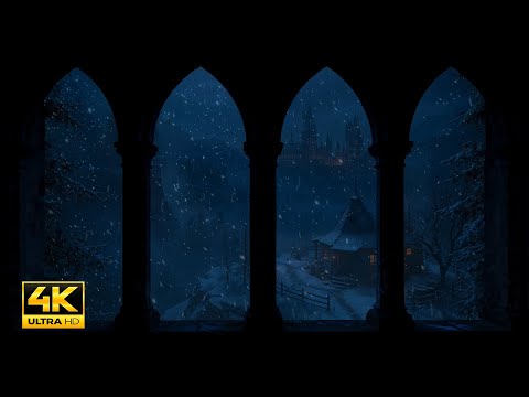 Snowy Night at Hogwarts 🏰❄️ 4K Window View | Wind Sounds & Harry Potter Ambience for Sleep & Focus