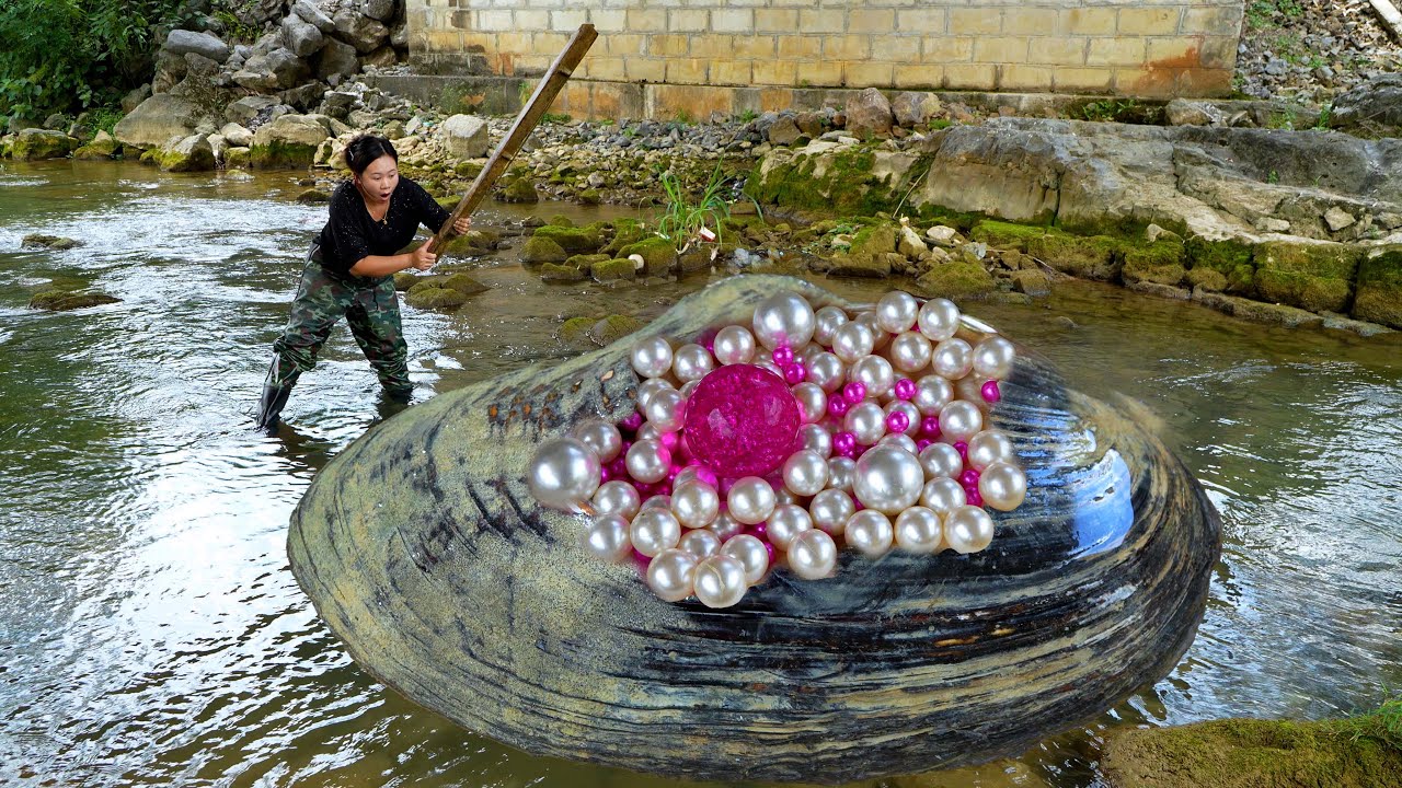 😱🎁The girl knocked open a giant clam, which contained countless ...