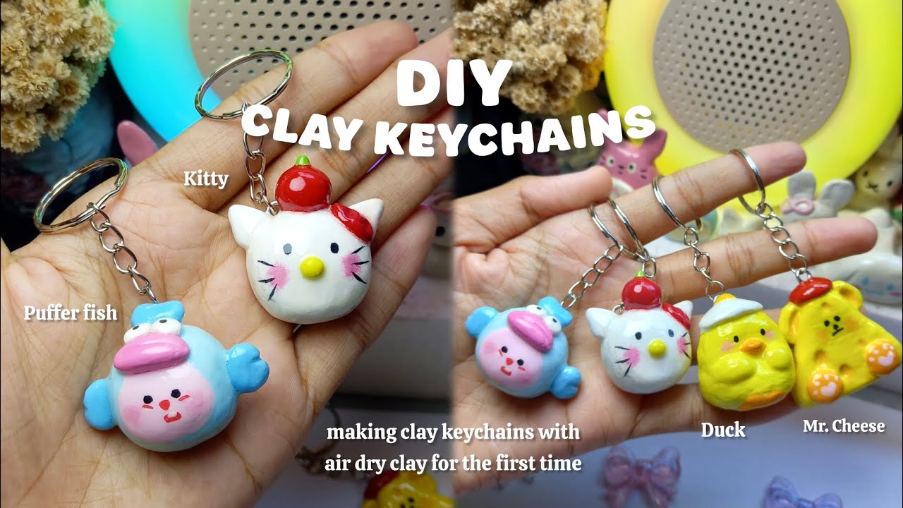 making clay keychains with air dry clay for the first time 🐥🍎🧀 - YouTube