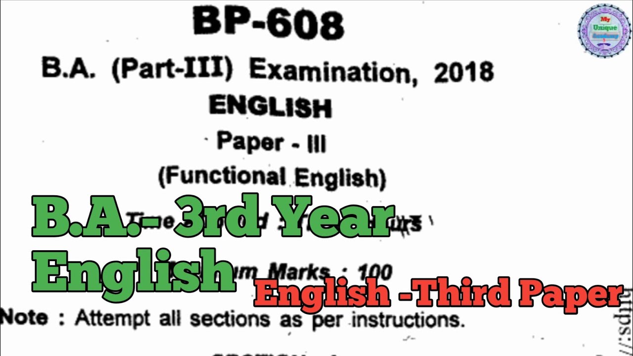 BA Third Year Previous Year Paper | English Third Paper Functional ...