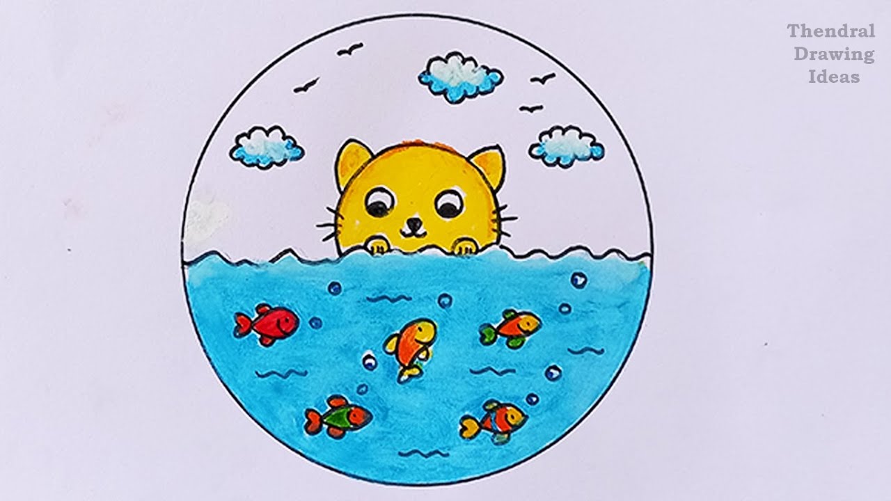 How to Draw Fish Aquarium with cat Step by Step || Fish Bowl Drawing ...