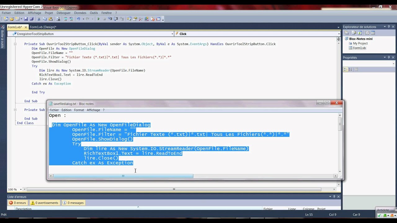 Tutoriel Visual Basic 2010 Express Mini Bloc Note OpenFileDialog, SaveFileDialog,FonFileDialog ...
