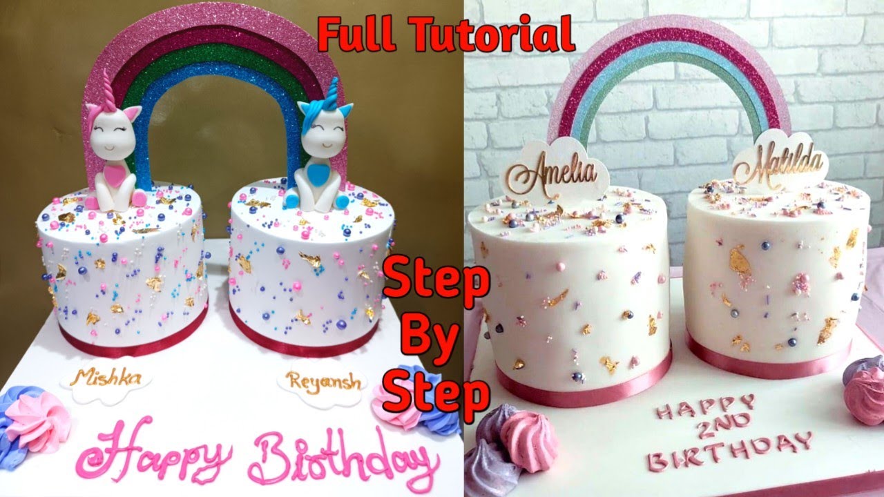 Unicorn Theme Twins Birthday Cake Design | Rainbow Unicorn Twin Kids ...