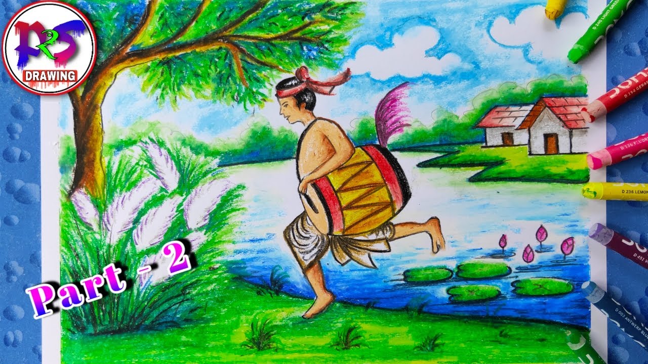 Durga Puja Scenary Drawing// How To Draw Dhaki // Dhak Bajano Drawing ...
