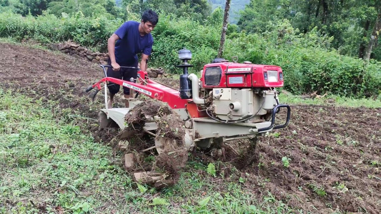 Tilling work in the fields VST Shakti power tiller tractor - YouTube