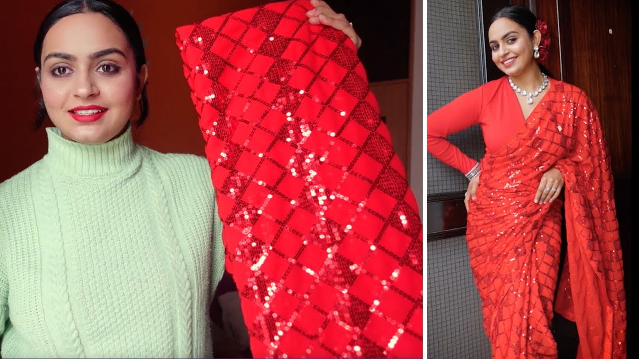 Affordable WEDDING RECEPTION LOOK | Red Sequin Saree - YouTube