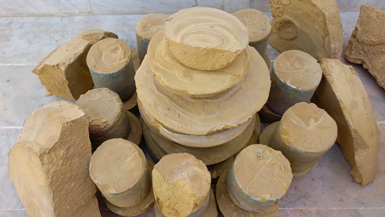 Asmr.super soft golden mud clay dry crumbling on floor+clay pot - YouTube