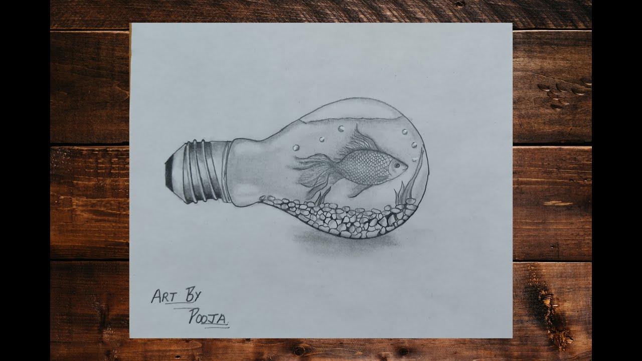 How to draw a Fish inside bulb - step by step || Bulb Aquarium || Art ...