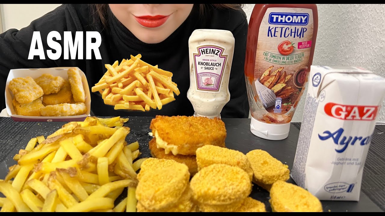 ASMR Dégustation Cordon bleu, nuggets de poulet, frites, Knoblauch ...