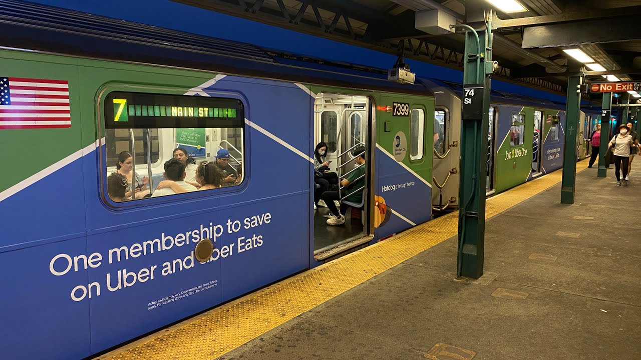 Uber One Eats Fully Wrapped R188 (7) train leaving 74 St-Broadway - YouTube