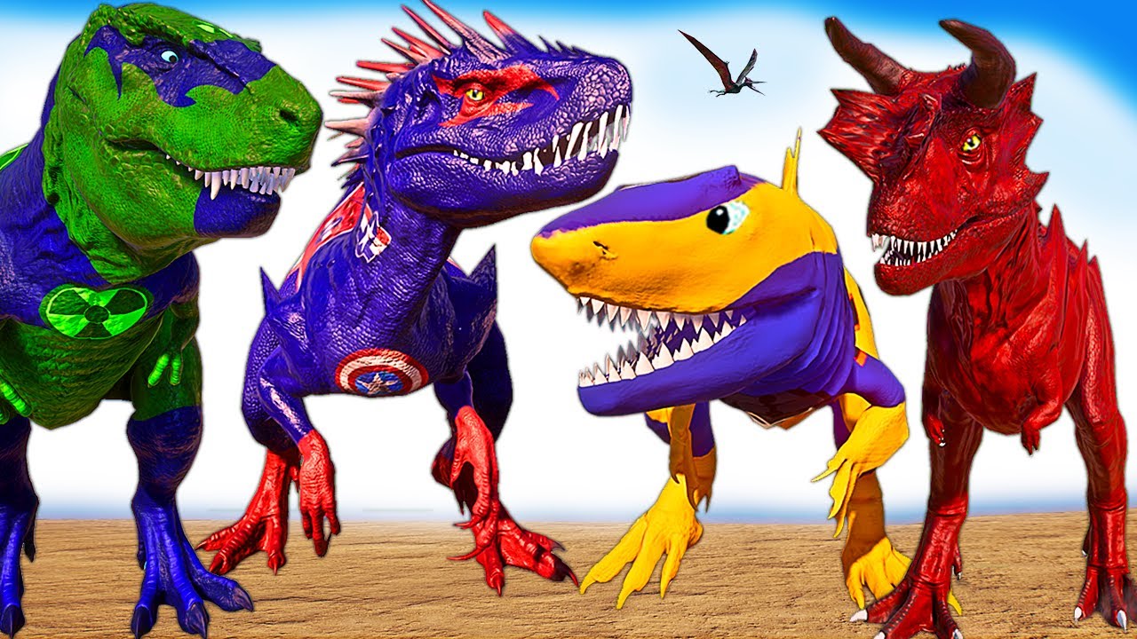 Captain America Shark Indominus Rex Vs THOR V-REX & T-REX Dinosaurs Fight Jurassic World ...