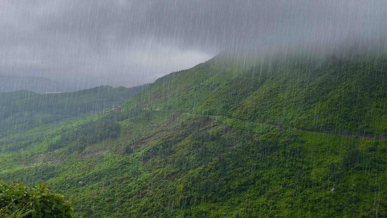 Pleasant rain sounds on majestic and beautiful high mountains, white ...