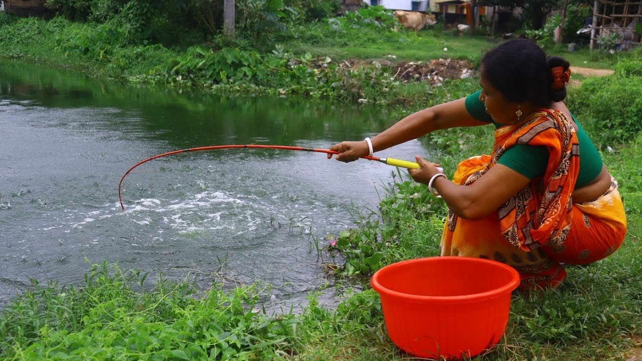 Fishing video || traditional lady hook fishing in village pond with ...