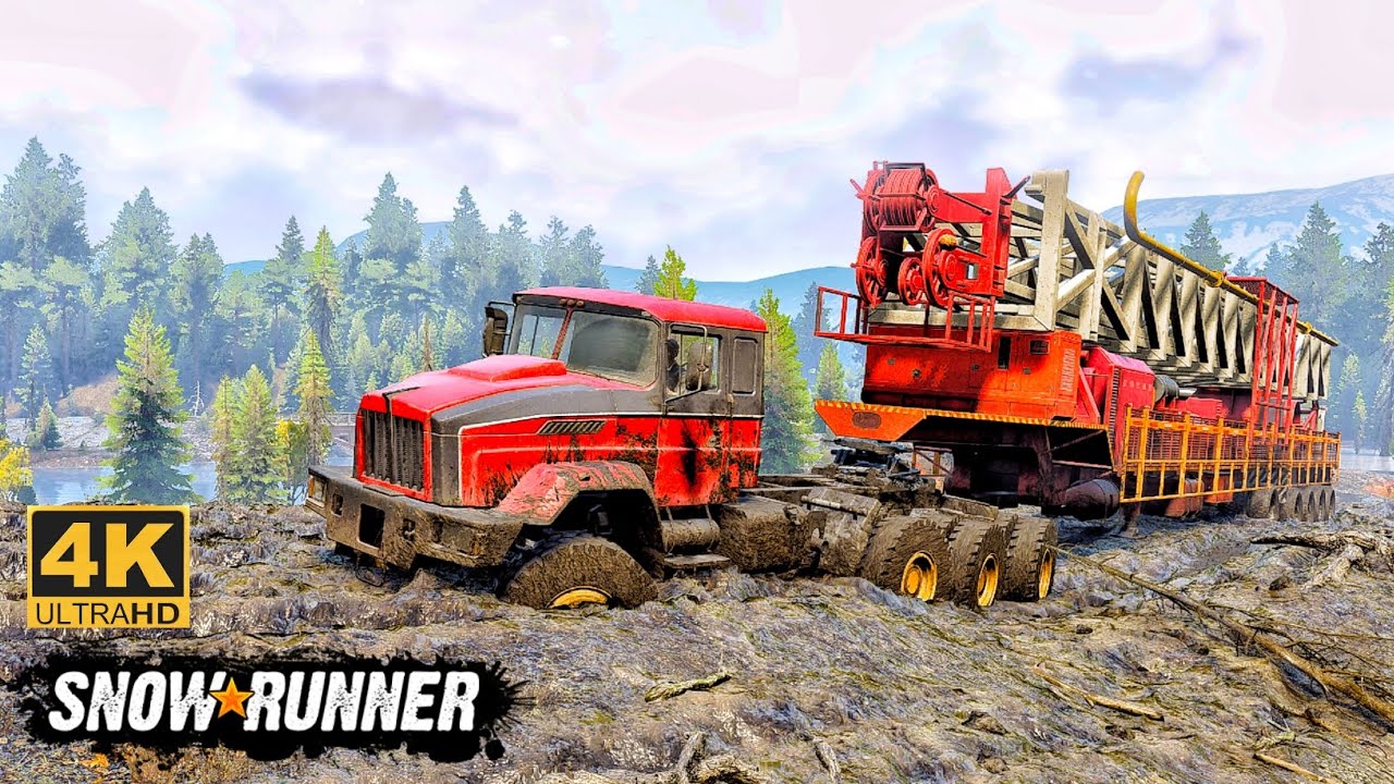 Tayga 6436 Offroad Truck Towing a Oil Rig on Mudding Road In SnowRunner ...