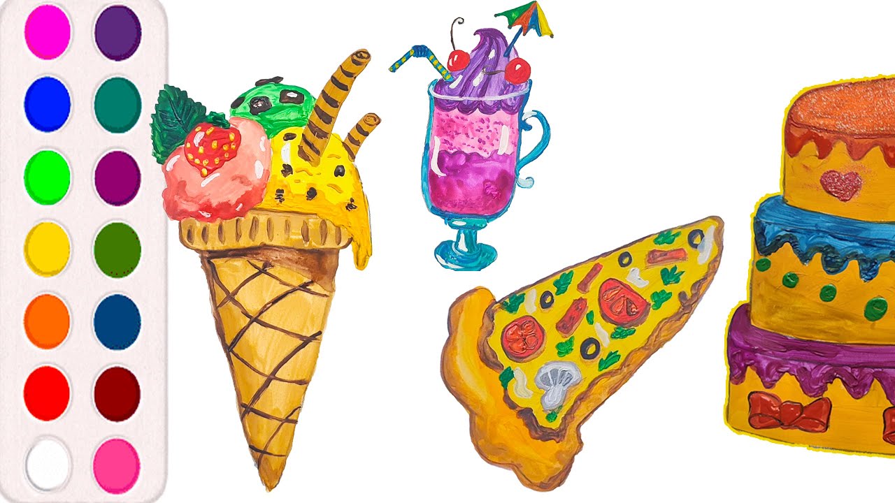How to draw food/Drawing book for kids/ Pizza/ ice cream/ cake/ Very ...