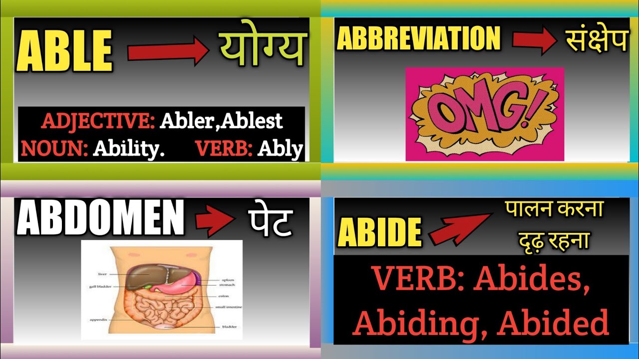 'Abide' 'Abdomen' 'Able' 'Abbreviation' Meanings|Translation in Hindi ...