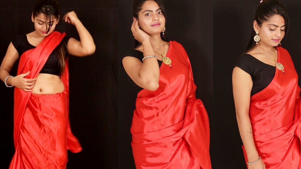काले सूती ब्लाउज के साथ लाल साटन साड़ी कैसे पहनें | How to wear saree ...