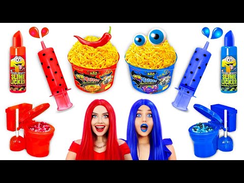 KIRMIZI BAHARATLI VS MAVİ TATLI Yiyecek Meydan Okuması | RATATA’dan Tüm Gün Tatlı ve Acı Noodle Yeme