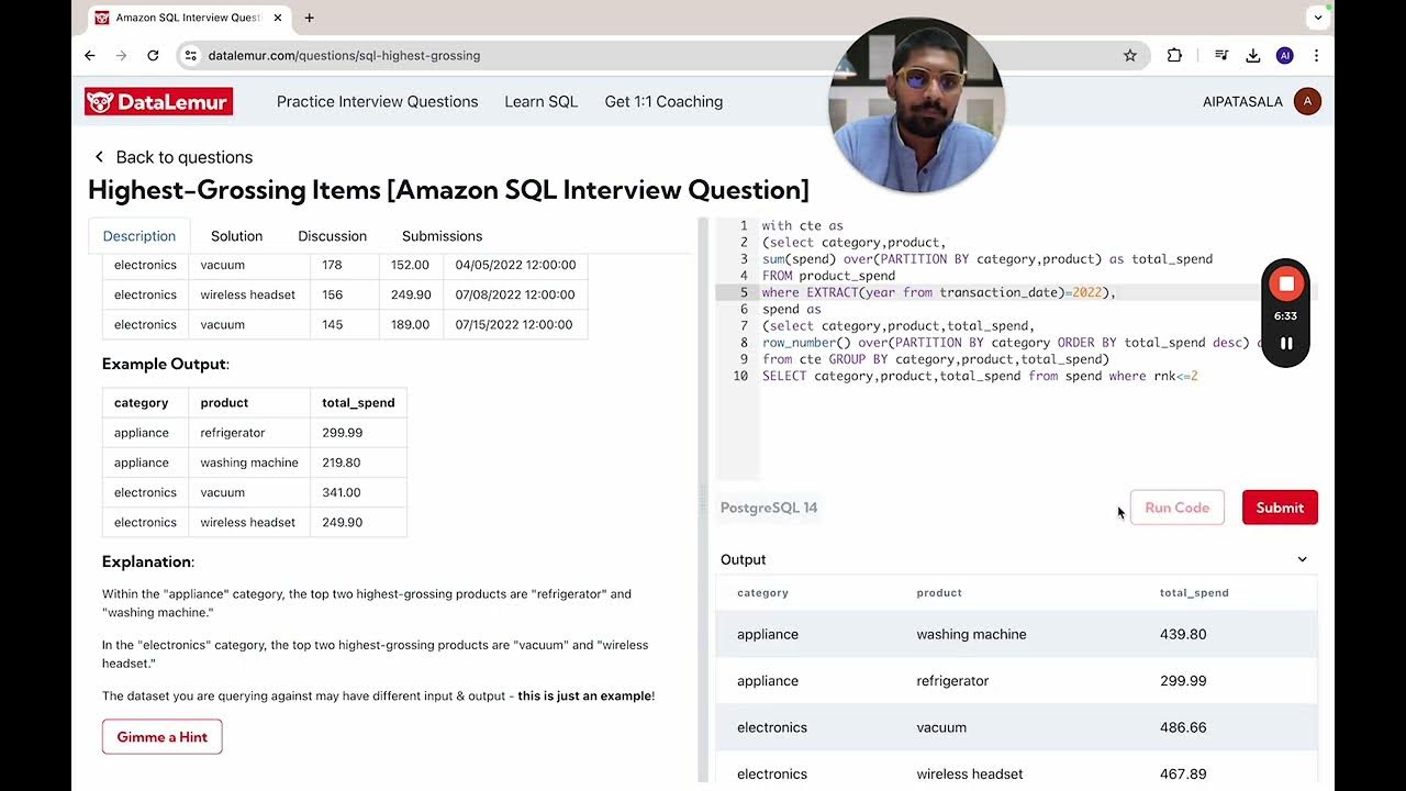 Highest-Grossing Items Amazon SQL Interview Question DataLemur - YouTube
