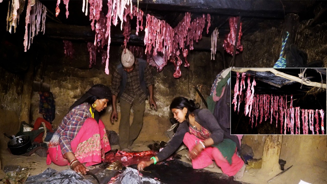 dharme brother making buff dry meat with his family || rural Nepal ...