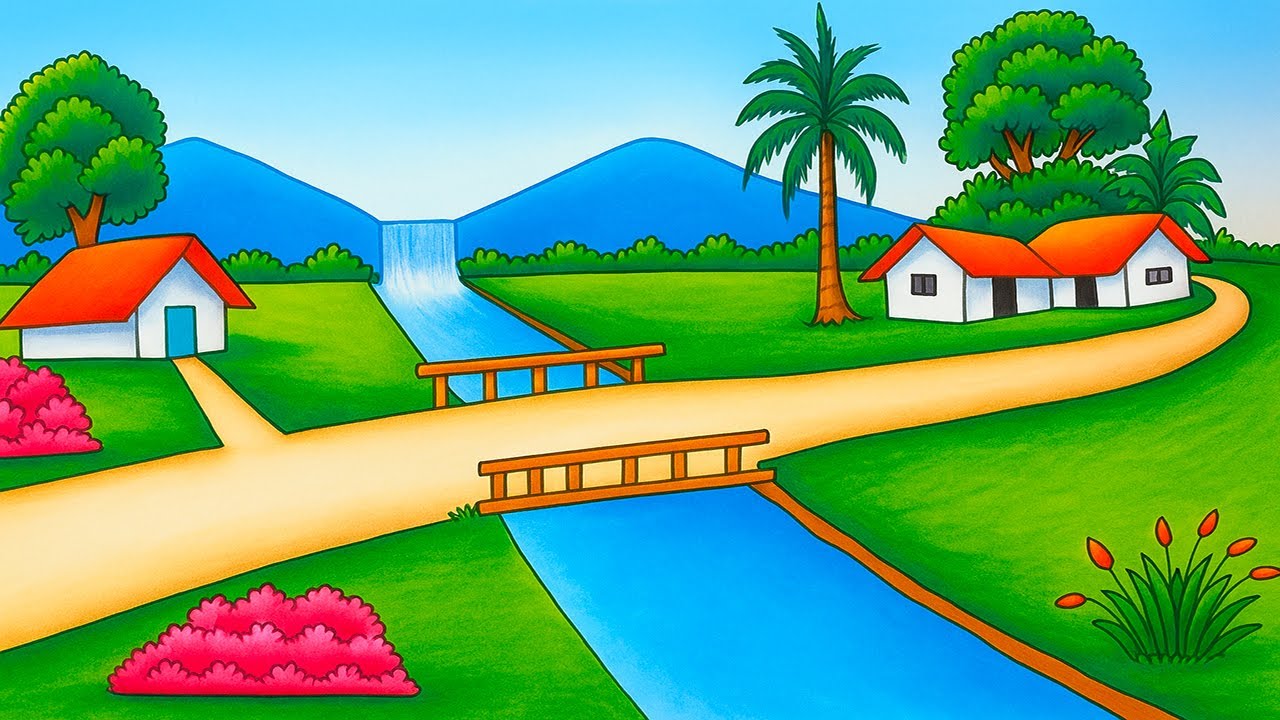 How to Draw Beautiful Village Scenery with House, River, Trees ...