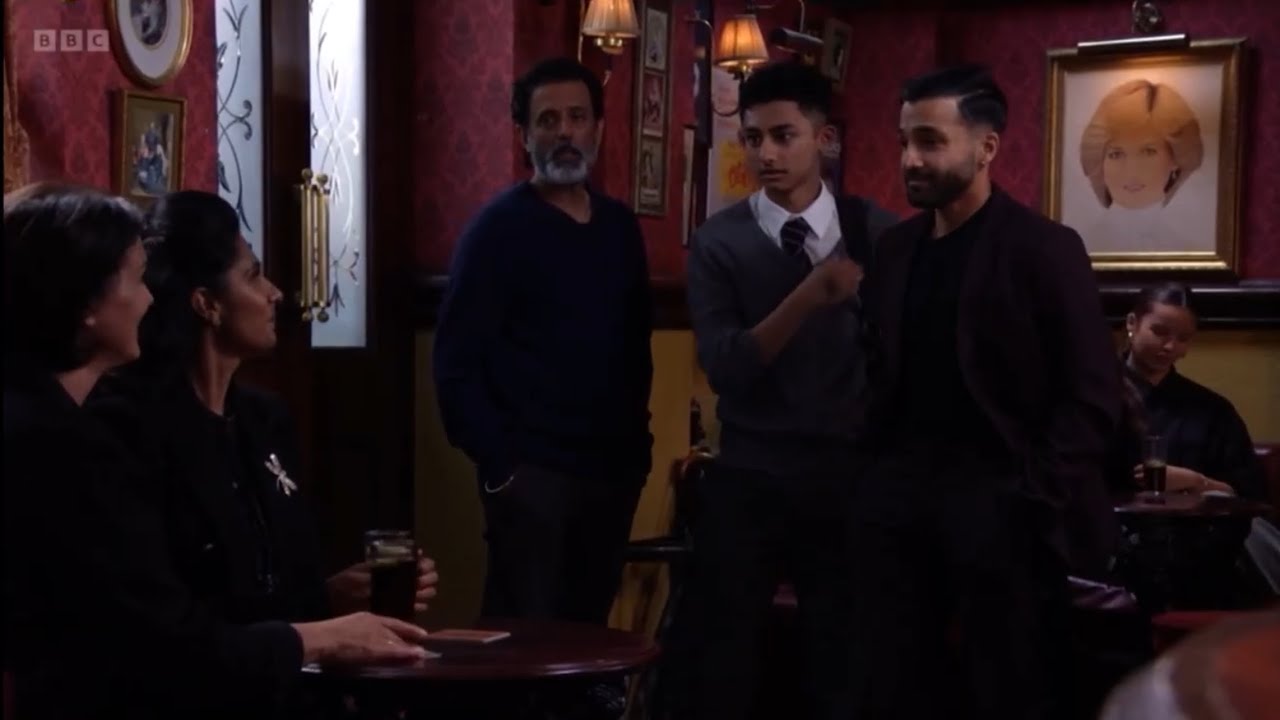 Eastenders eve and suki show Nish nugget and Vinny their rings as Nish ...