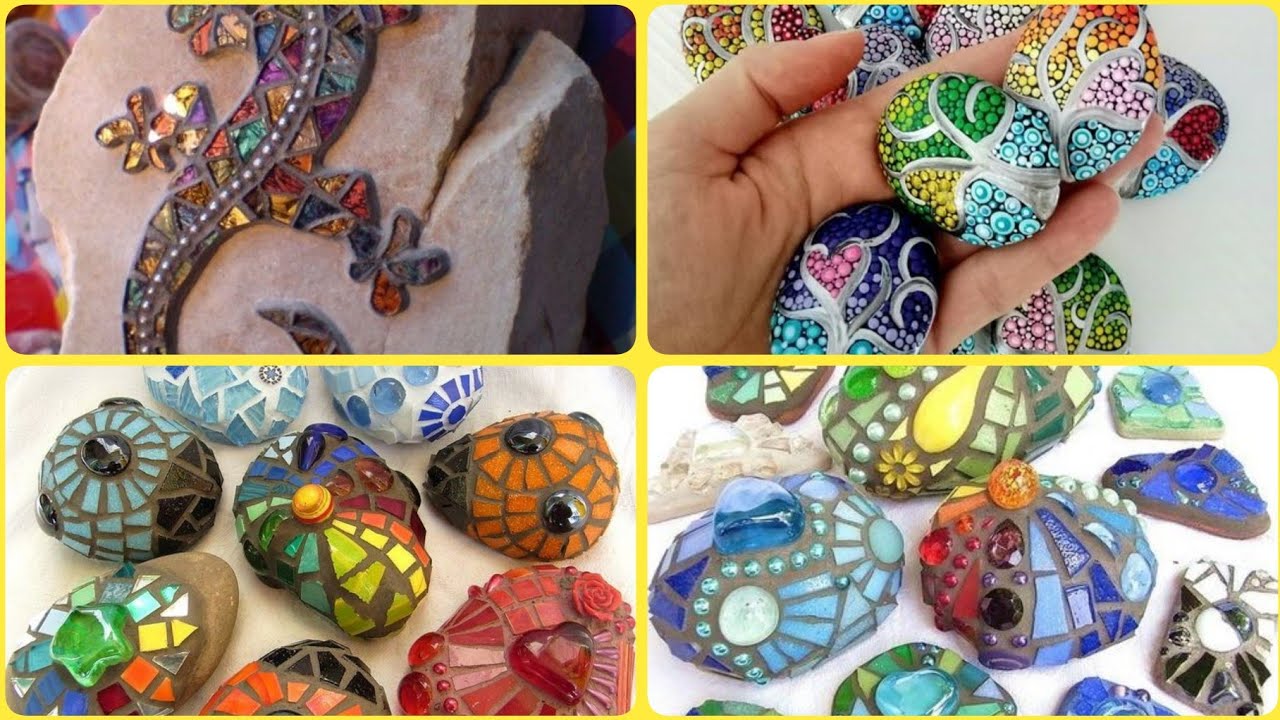 Glass mosaic art on stones/very colourful glass art on rock/pebble art ...