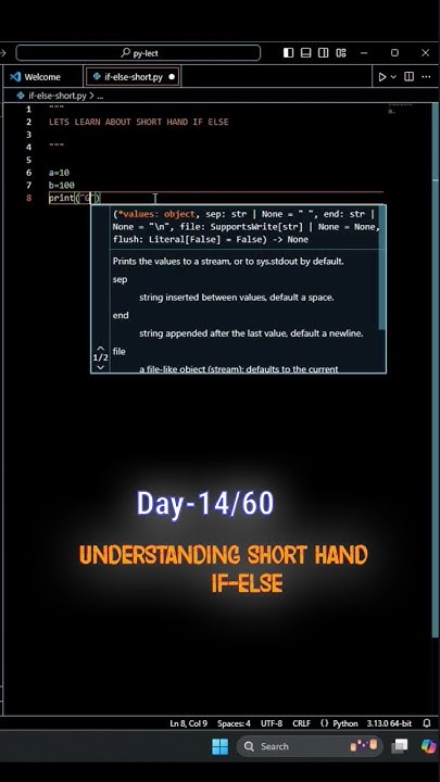 Day-14/60 ll short hand if-else ll python ll #coding #shorts #shortvideo - YouTube