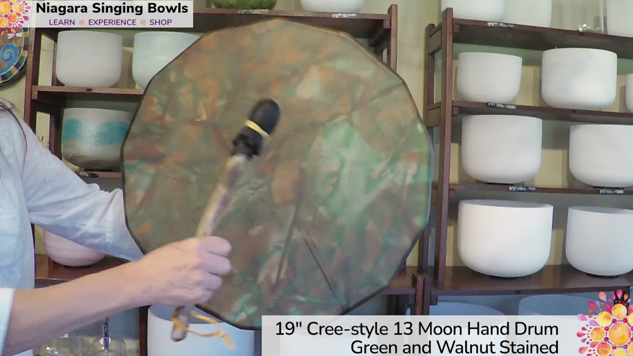19 inch Cree-style 13 Moon Hand Drum Green + Walnut Stained - YouTube