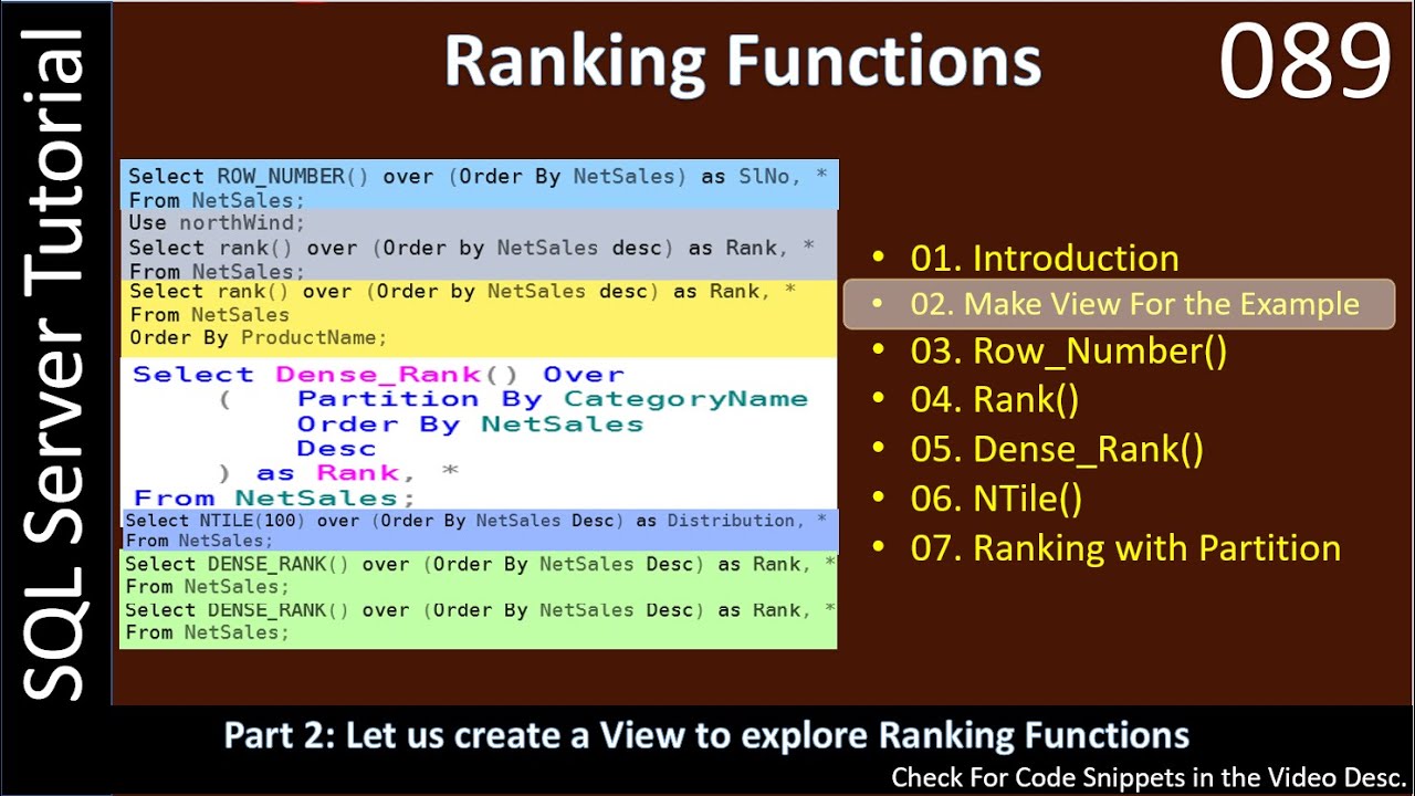 Ranking Function Part 2 Create View For The Demo Ssms Tsql Tutorial 89 Youtube
