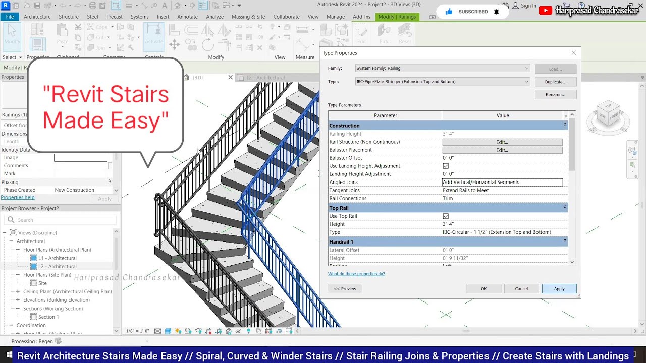 Revit Stairs Made Easy/Spiral, Curved & Winder Stairs/Stair Railing ...
