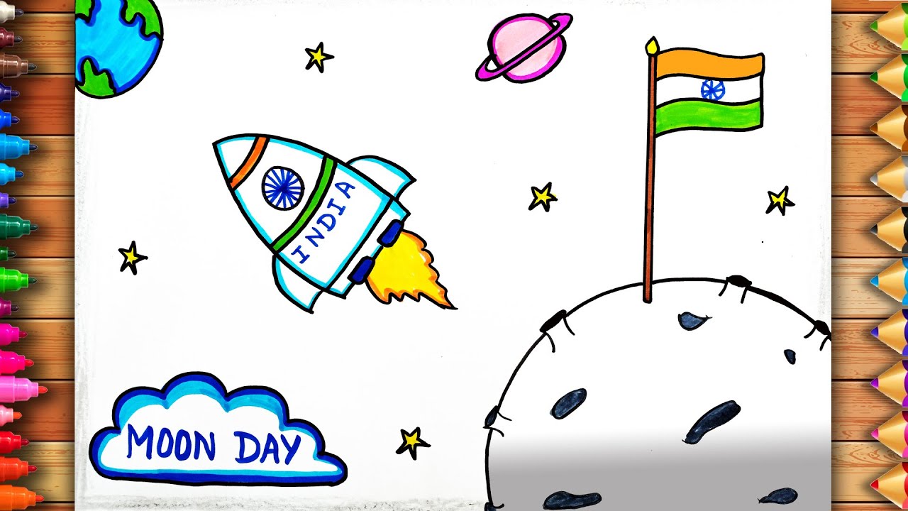 National Moon Day Drawing | National Moon Day Poster | ISRO Chandrayaan ...