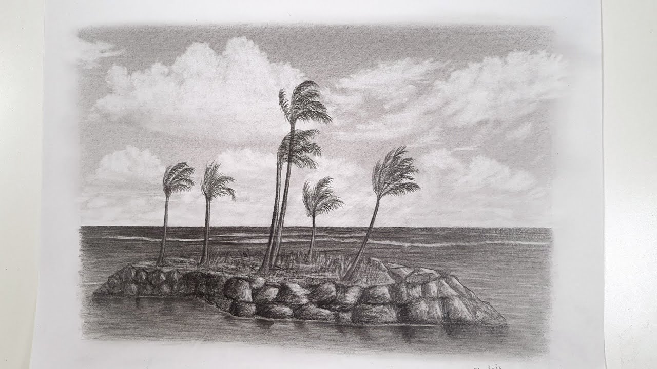 رسم منظر طبيعي صخور و نخيل رسم وتظليل باقلام الرصاص خطوة بخطوة Youtube