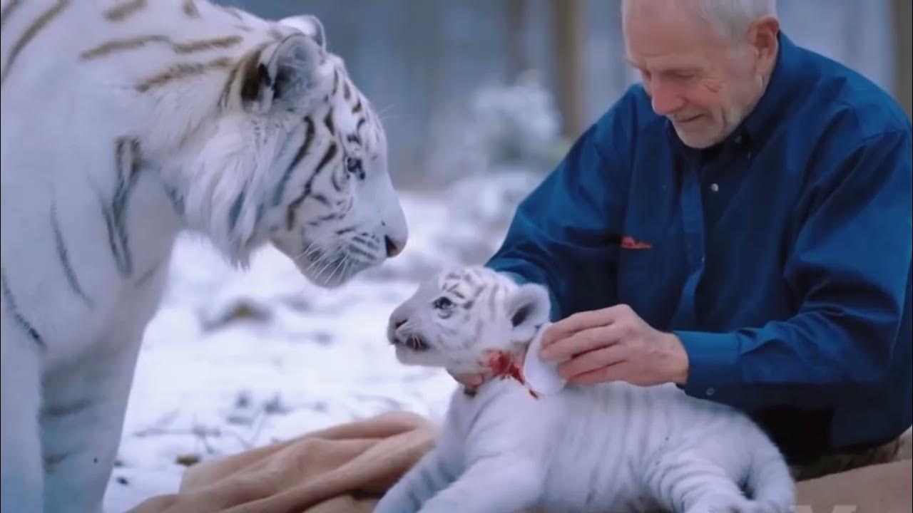 A mother white tiger begs a hunter to save her badly injured cub trapped in a barbed wire fence ...