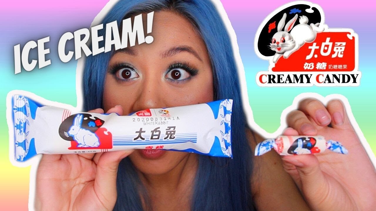 WHITE RABBIT CANDY ICE CREAM! Eating MY CHILDHOOD CANDY🐇🍬 - YouTube