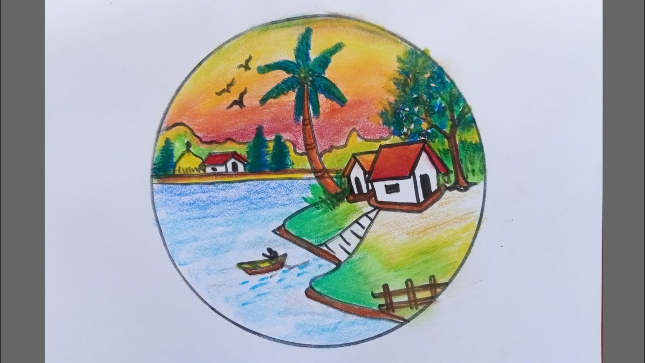 Afternoon Nature Scenery Drawing in Circle Easy // Nature drawing Step ...