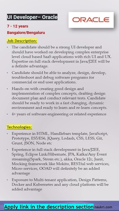 Oracle | UI Developer | Bangalore | Full Stack, Java,JavaScript, ES6 ...