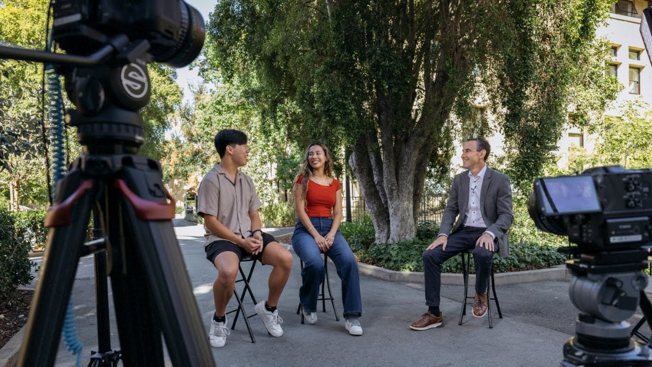 President Levin in conversation with Ava Brown, ’26, and Josh Bahk, ’27 ...