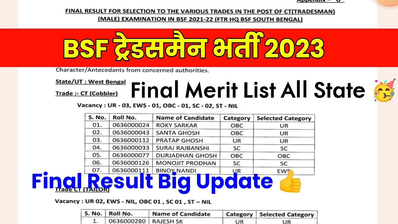 BSF Tradesman Result Today 🥳 | BSF Tradesman Final Merit List | BSF ...
