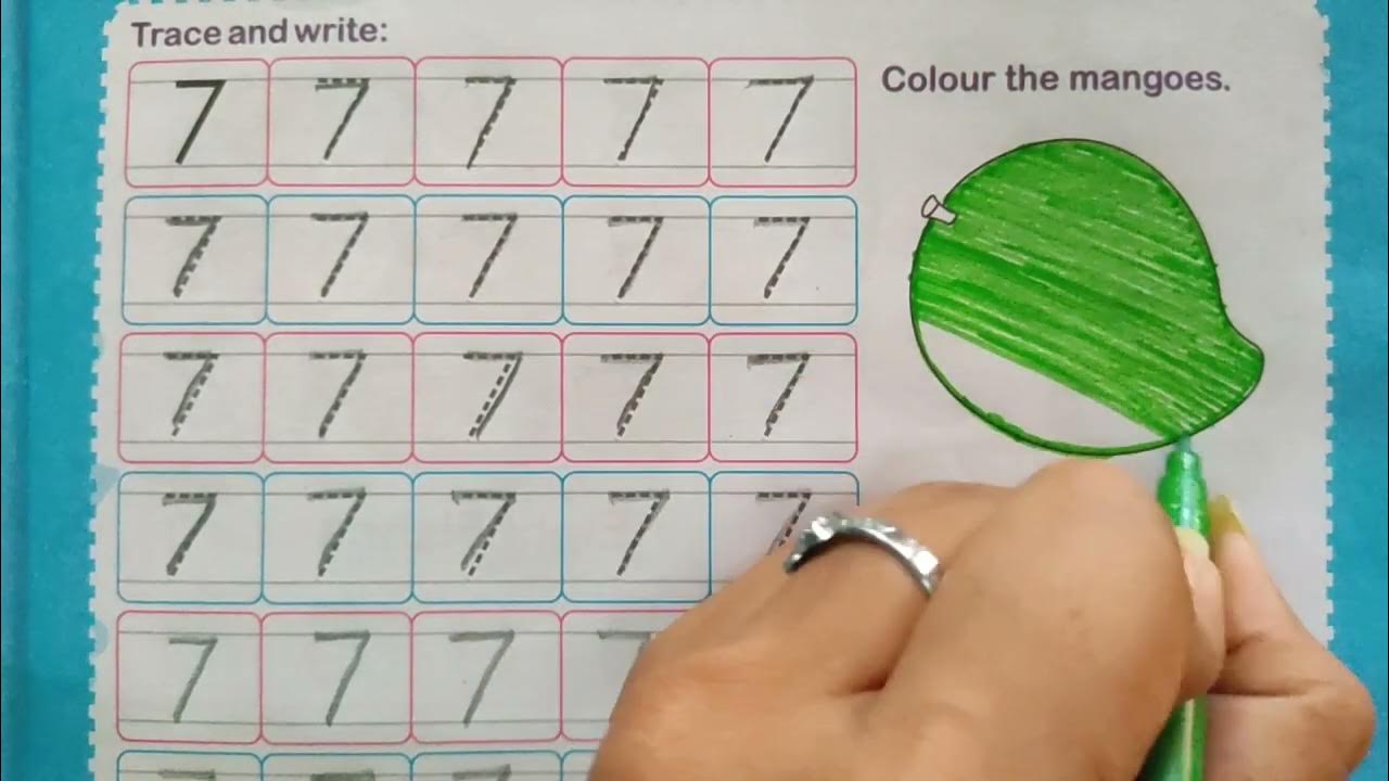 Writing prectice of digit 7, Trace and write, Colour the picture as ...