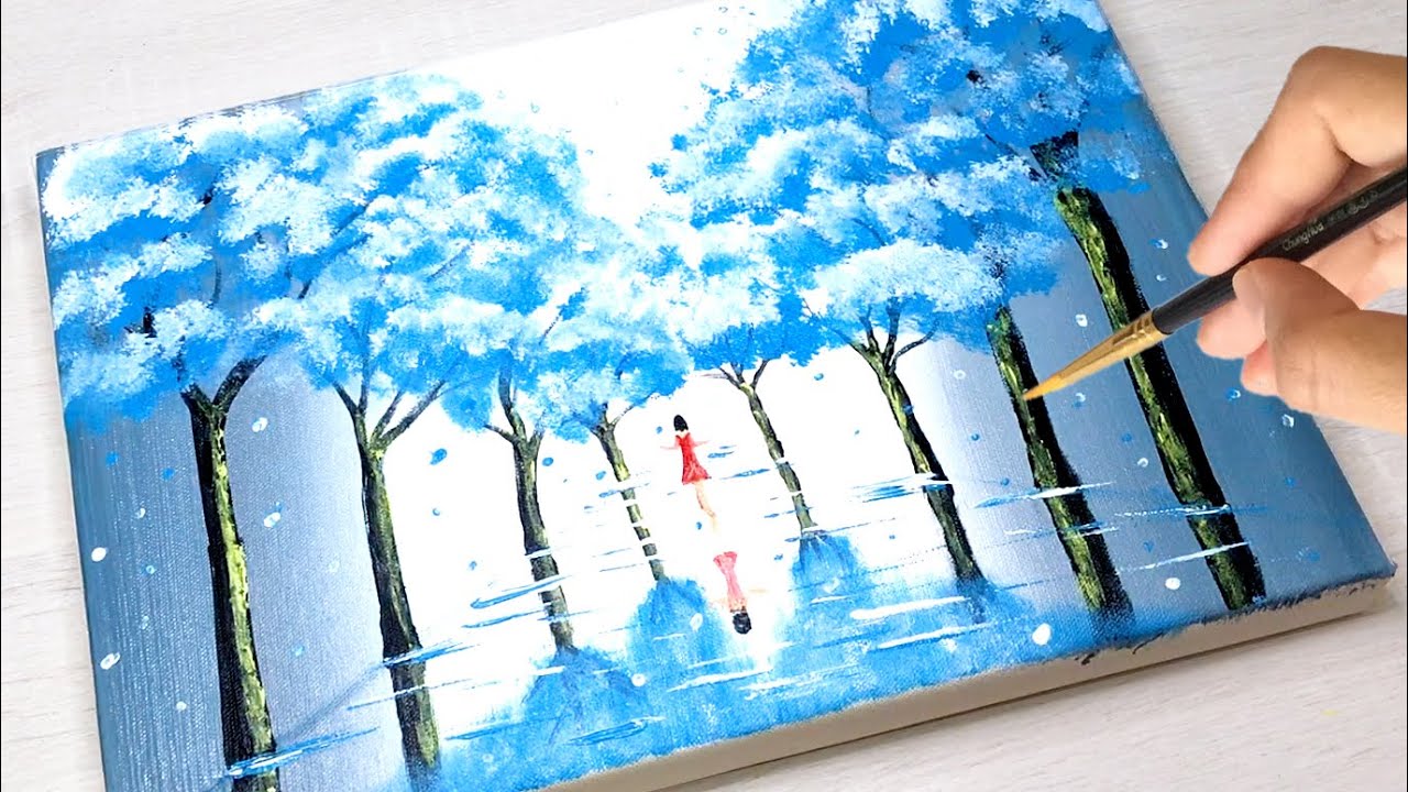 Painting Girl in Blue Forest with Reflection /Acrylic Painting for ...