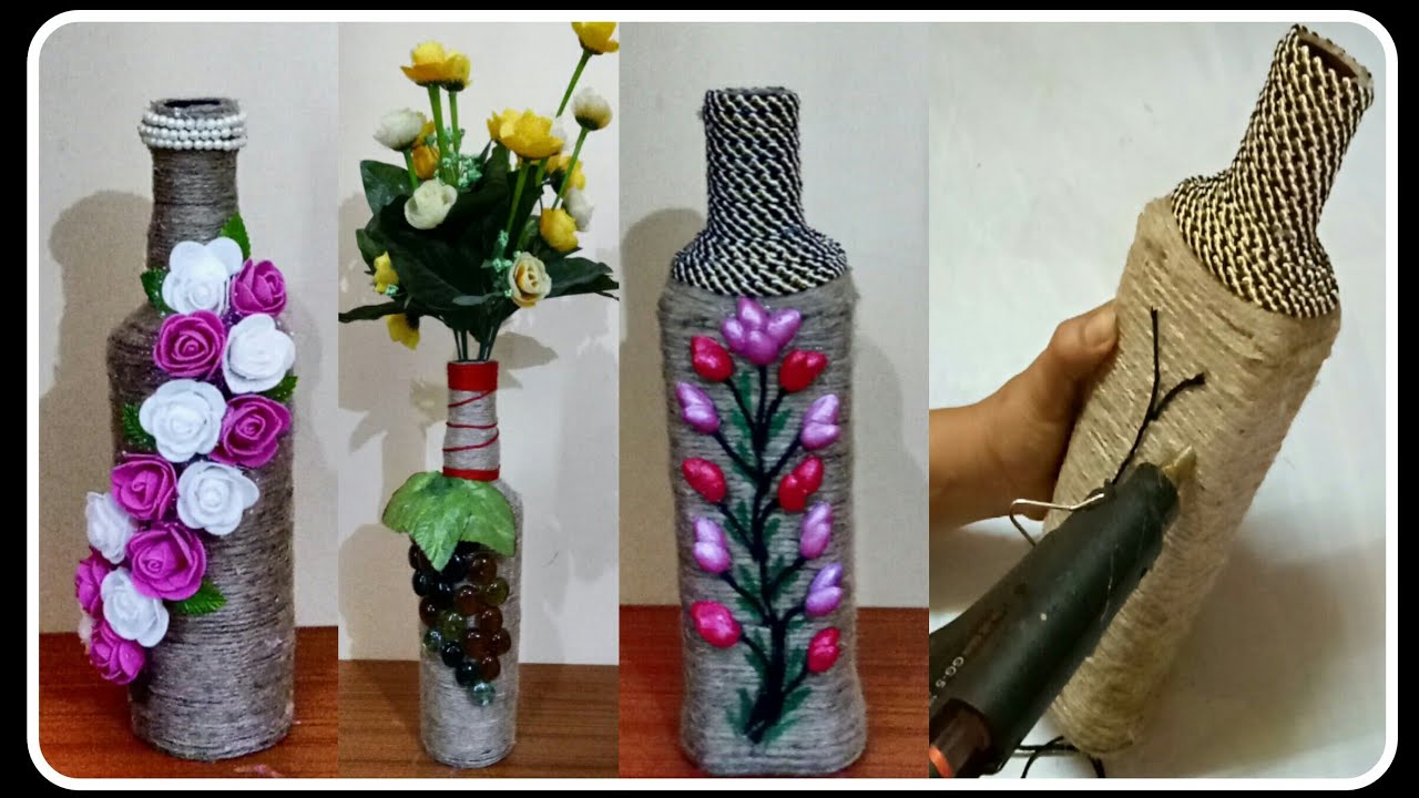 3 Different bottle design ideas| Using jute thread| DIY BOTTLE ART ...