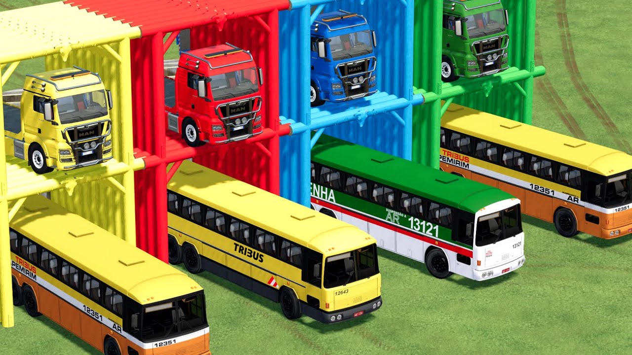 Transporting school bus to colors garage with man truck. FARMING ...