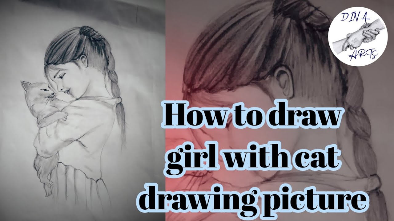 How to draw girl with cat drawing picture..|.. @dinaarts1 - YouTube