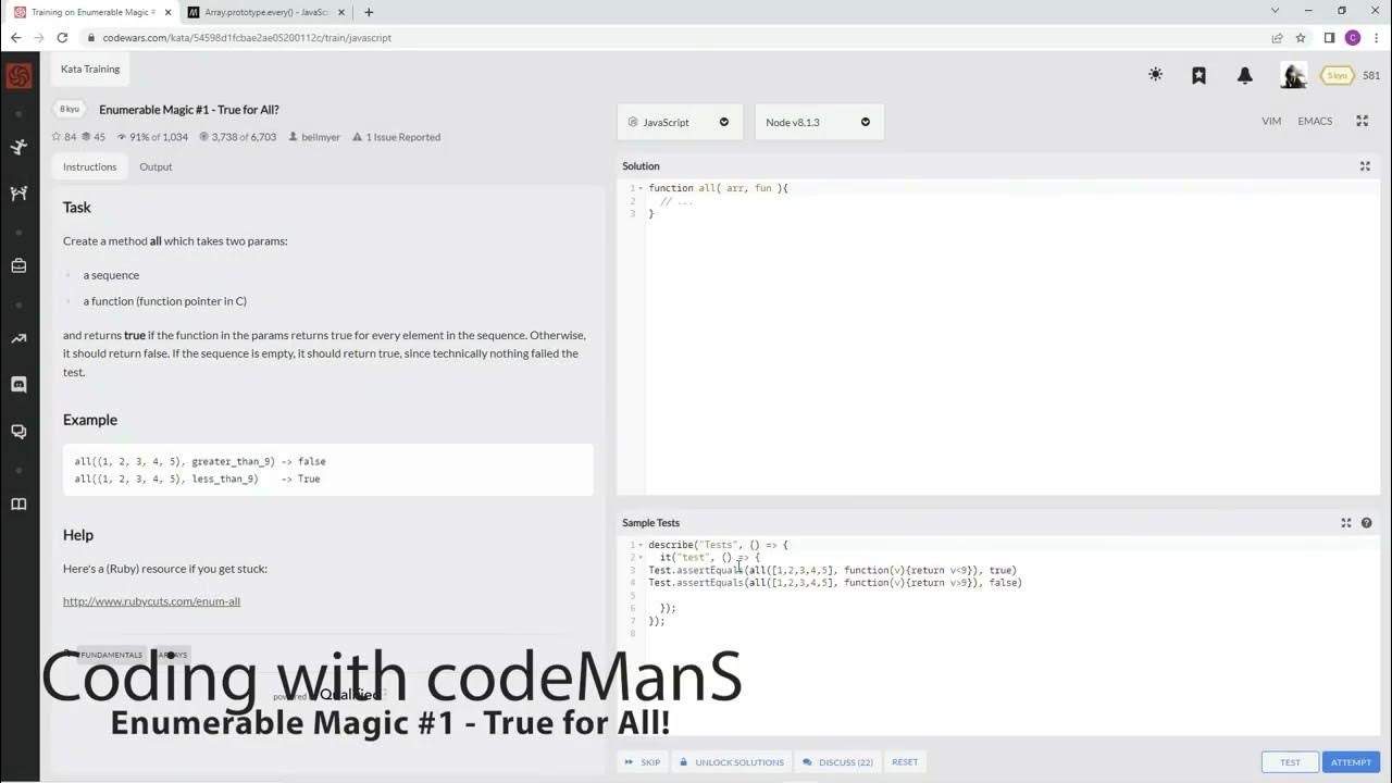 Codewars 8 kyu Enumuerable Magic #1 - True for All! JavaScript - YouTube