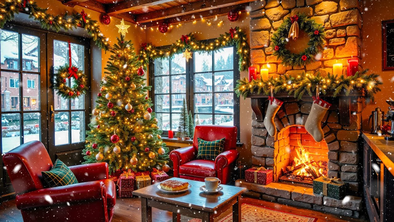 Relaxing Christmas Ambience - Warm Fireplace and Soft Snow - Peaceful ...